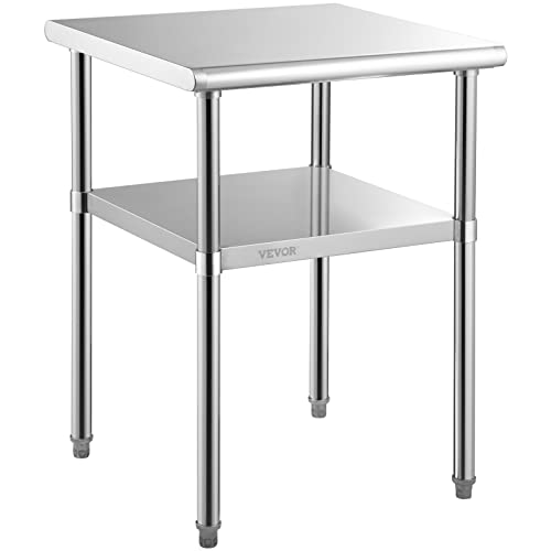 VEVOR Stainless Steel Prep Table, 24 x 24 x 36 Inch, 600lbs Load Capacity Heavy Duty Metal Worktable with Adjustable Undershelf & Universal Wheels, Commercial Workstation for Kitchen Garage Backyard