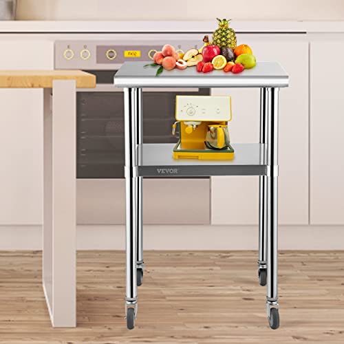 VEVOR Stainless Steel Prep Table, 24 x 24 x 36 Inch, 600lbs Load Capacity Heavy Duty Metal Worktable with Adjustable Undershelf & Universal Wheels, Commercial Workstation for Kitchen Garage Backyard