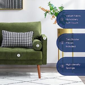 Vonanda Velvet Sofa Couch, Mid Century Modern Craftsmanship 73 inch 3-Seater Sofa with Comfy Tufted Back Cushions and 2 Bolster Pillows for Compact Living Room, Elegant Mustard Green