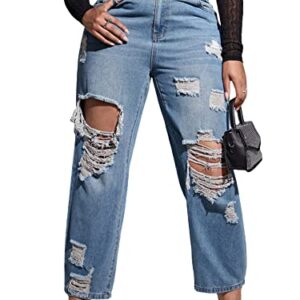 WDIRARA Women's Plus Size Ripped High Waist Cut Out Straight Leg Jeans Denim Pants Light Wash 2XL