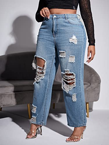 WDIRARA Women's Plus Size Ripped High Waist Cut Out Straight Leg Jeans Denim Pants Light Wash 2XL