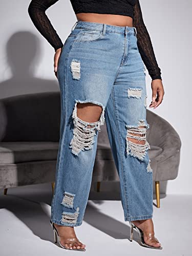 WDIRARA Women's Plus Size Ripped High Waist Cut Out Straight Leg Jeans Denim Pants Light Wash 2XL