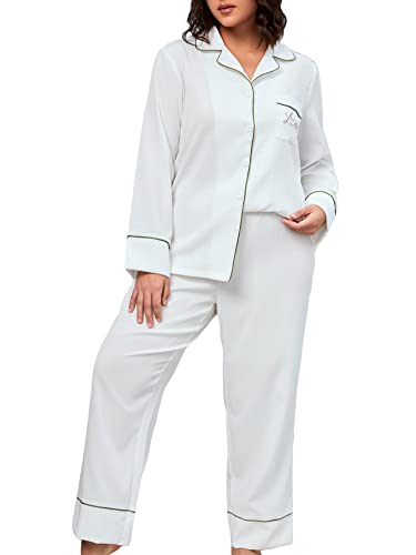 WDIRARA Women's Plus Size Letter Print 2 Piece Satin Pajama Set Silk Shirt and Pants Sets White 1XL