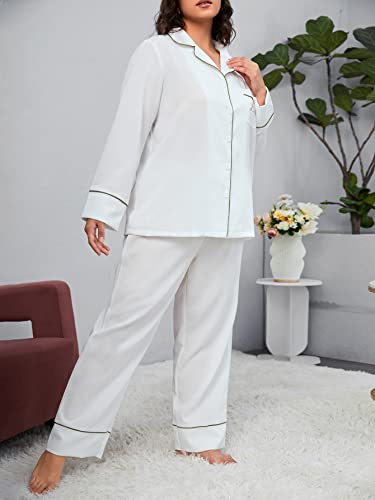 WDIRARA Women's Plus Size Letter Print 2 Piece Satin Pajama Set Silk Shirt and Pants Sets White 1XL