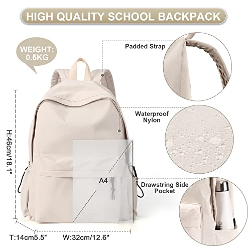 PAUBACK Beige School Backpack for Girls Water Resistant High School Book Bag Simple Backpack for Teens Boys Girls, Lightweight Simple Middle School Back Pack Daypack