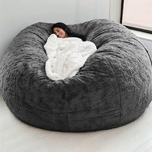 giant fur bean bag chair cover for kids adults, (no filler) living room furniture big round soft fluffy faux fur beanbag lazy sofa bed cover (grey, 7ft)