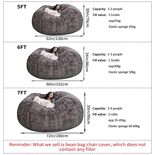 Giant Fur Bean Bag Chair Cover for Kids Adults, (No Filler) Living Room Furniture Big Round Soft Fluffy Faux Fur Beanbag Lazy Sofa Bed Cover (Grey, 7FT)