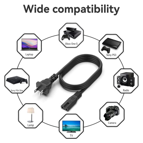 AC Power Cord for Sony PS3 PS4 PS5, Xbox One S, Xbox One X, Xbox Series X/S Power Supply Cable Replacement 2 Prong AC Power Cord 6Ft