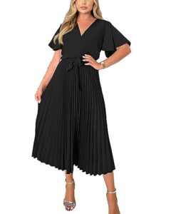 btfbm women wrap v neck casual summer dresses 2023 short sleeve satin tie waist pleated flowy wedding guest midi dress(solid black, medium)