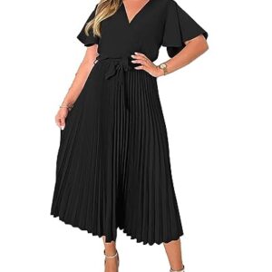 BTFBM Women Wrap V Neck Casual Summer Dresses 2023 Short Sleeve Satin Tie Waist Pleated Flowy Wedding Guest Midi Dress(Solid Black, Medium)