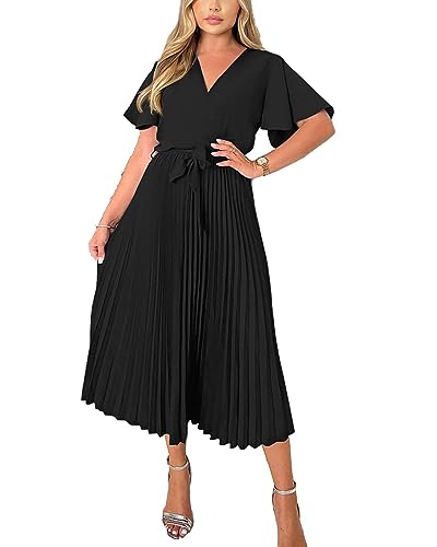 BTFBM Women Wrap V Neck Casual Summer Dresses 2023 Short Sleeve Satin Tie Waist Pleated Flowy Wedding Guest Midi Dress(Solid Black, Medium)