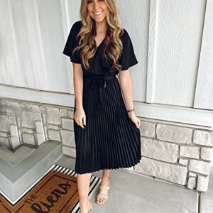 BTFBM Women Wrap V Neck Casual Summer Dresses 2023 Short Sleeve Satin Tie Waist Pleated Flowy Wedding Guest Midi Dress(Solid Black, Medium)