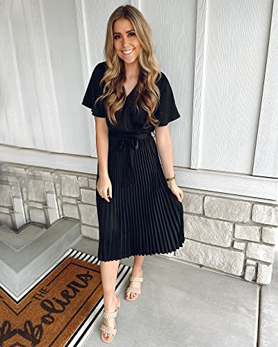 BTFBM Women Wrap V Neck Casual Summer Dresses 2023 Short Sleeve Satin Tie Waist Pleated Flowy Wedding Guest Midi Dress(Solid Black, Medium)