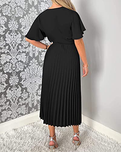 BTFBM Women Wrap V Neck Casual Summer Dresses 2023 Short Sleeve Satin Tie Waist Pleated Flowy Wedding Guest Midi Dress(Solid Black, Medium)