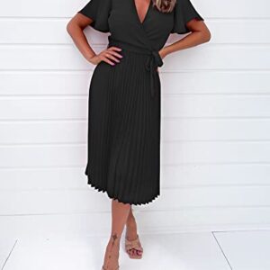 BTFBM Women Wrap V Neck Casual Summer Dresses 2023 Short Sleeve Satin Tie Waist Pleated Flowy Wedding Guest Midi Dress(Solid Black, Medium)