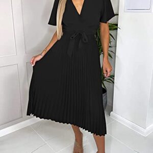 BTFBM Women Wrap V Neck Casual Summer Dresses 2023 Short Sleeve Satin Tie Waist Pleated Flowy Wedding Guest Midi Dress(Solid Black, Medium)