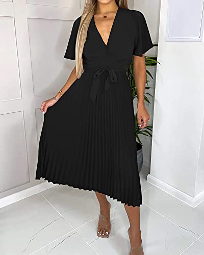 BTFBM Women Wrap V Neck Casual Summer Dresses 2023 Short Sleeve Satin Tie Waist Pleated Flowy Wedding Guest Midi Dress(Solid Black, Medium)