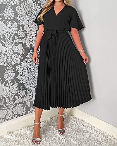 BTFBM Women Wrap V Neck Casual Summer Dresses 2023 Short Sleeve Satin Tie Waist Pleated Flowy Wedding Guest Midi Dress(Solid Black, Medium)