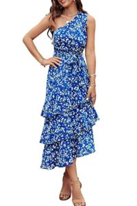 prettygarden women's summer floral sundress casual one shoulder tiered ruffle flowy midi beach boho dresses (floral royal blue white,medium)