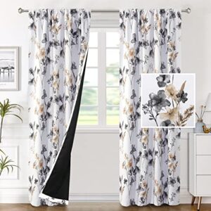 h.versailtex 100% blackout curtains for bedroom cattleya floral printed drapes 84 inches long leah floral pattern full light blocking drapes with black liner rod pocket 2 panels, grey/taupe