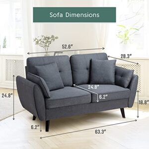 JAMFLY 63" Modern Loveseat Sofa Couch,Mid Century Couches for Living Room, Upholstered 2-Seat Love Seats with Pillow, Comfortable Small Space Sofa for Bedroom, Apartment