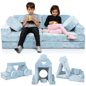 lunix lx15 14pcs modular kids play couch, child sectional sofa, fortplay bedroom and playroom furniture for toddlers, convertible foam and floor cushion for boys and girls, blue