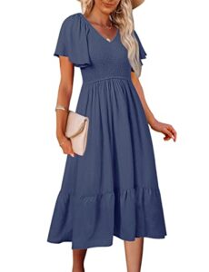 merokeety womens v neck smocked midi dress ruffle sleeve elastic waist flowy dress with pockets, dustyblue, s