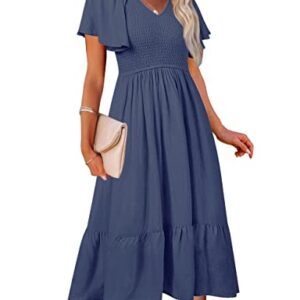 MEROKEETY Womens V Neck Smocked Midi Dress Ruffle Sleeve Elastic Waist Flowy Dress with Pockets, Dustyblue, S