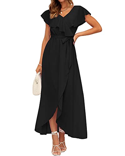 BTFBM Women's Summer Chiffon Maxi Dresses Deep V Neck Ruffle Short Sleeve Beach Party Cocktail Flowy Wrap Dress with Belt(Solid Black, X-Large)