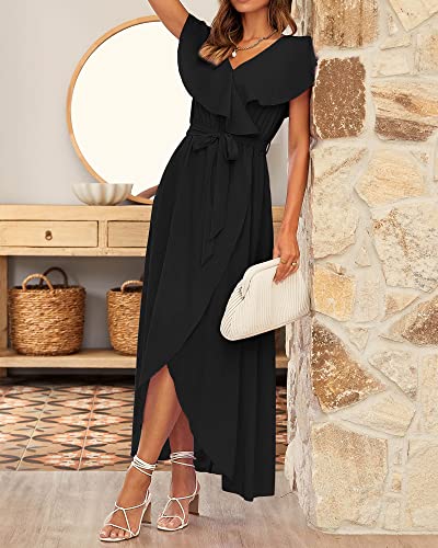 BTFBM Women's Summer Chiffon Maxi Dresses Deep V Neck Ruffle Short Sleeve Beach Party Cocktail Flowy Wrap Dress with Belt(Solid Black, X-Large)