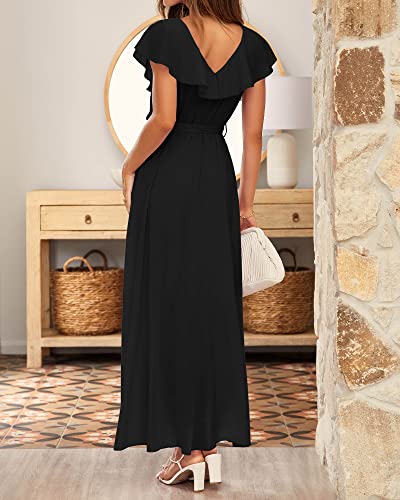 BTFBM Women's Summer Chiffon Maxi Dresses Deep V Neck Ruffle Short Sleeve Beach Party Cocktail Flowy Wrap Dress with Belt(Solid Black, X-Large)