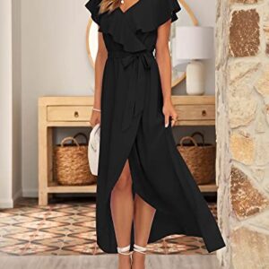 BTFBM Women's Summer Chiffon Maxi Dresses Deep V Neck Ruffle Short Sleeve Beach Party Cocktail Flowy Wrap Dress with Belt(Solid Black, X-Large)