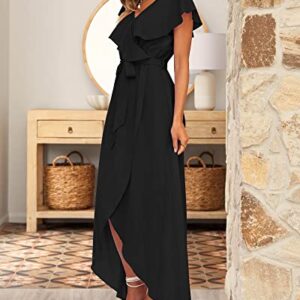 BTFBM Women's Summer Chiffon Maxi Dresses Deep V Neck Ruffle Short Sleeve Beach Party Cocktail Flowy Wrap Dress with Belt(Solid Black, X-Large)