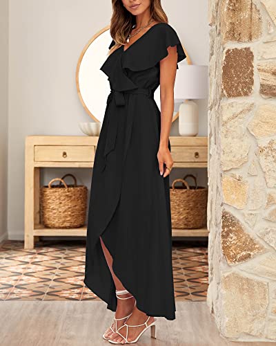 BTFBM Women's Summer Chiffon Maxi Dresses Deep V Neck Ruffle Short Sleeve Beach Party Cocktail Flowy Wrap Dress with Belt(Solid Black, X-Large)