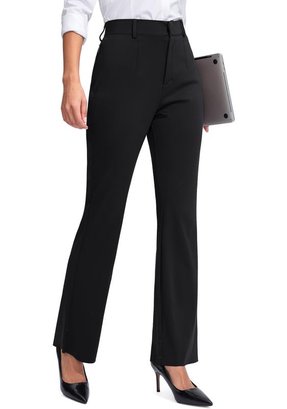 Rammus Womens Straight Leg Casual Pants with Zipper Pockets Stretch Dress Work Pants for Women Business Office Slacks Black