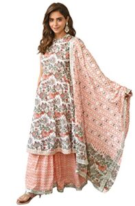 janasya indian women's white cotton floral block print kurta with sharara and dupatta(j0472-kr-sha-l)