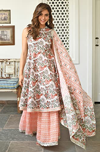 Janasya Indian Women's White Cotton Floral Block Print Kurta with Sharara and Dupatta(J0472-KR-SHA-L)