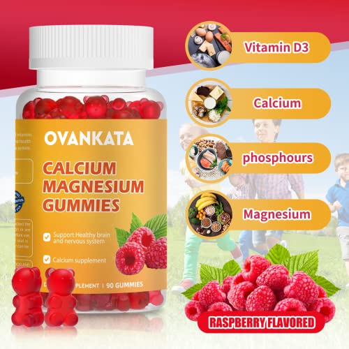 OVANKATA Calcium Magnesium Gummies with High Absorption 300mg Calcium 51mg Magnesium Citrate, Vitamin D3, Support for Bone, Leg Cramps & Muscles Relaxation, Vegan, 60 Gummies