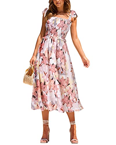 PRETTYGARDEN Women Summer Dresses 2023 Tie Strap Square Neck Smocked Ruffle Flowy Floral Print Boho Maxi Cocktail Dress(Floral Pink,X-Large)