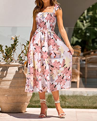 PRETTYGARDEN Women Summer Dresses 2023 Tie Strap Square Neck Smocked Ruffle Flowy Floral Print Boho Maxi Cocktail Dress(Floral Pink,X-Large)