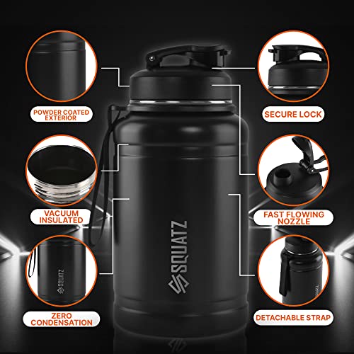 SQUATZ 74 Oz Neptune Series Steel Water Bottle, Stainless Double Wall Vacuum Insulated Jug with Handle Strap, Large Capacity Leak Proof Wide Mouth Thermos for Gym, Travel, Hiking, and Camping