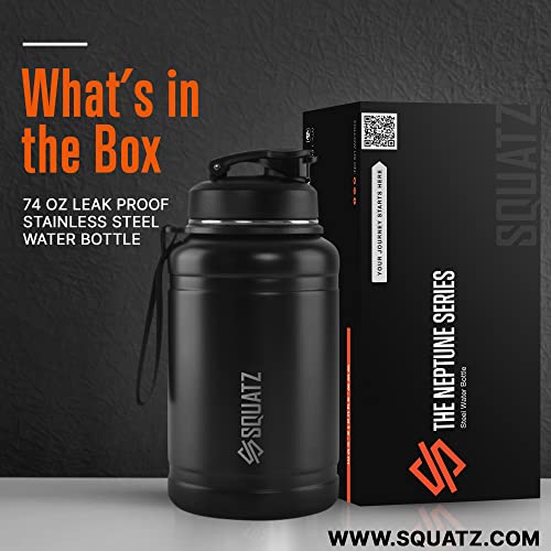 SQUATZ 74 Oz Neptune Series Steel Water Bottle, Stainless Double Wall Vacuum Insulated Jug with Handle Strap, Large Capacity Leak Proof Wide Mouth Thermos for Gym, Travel, Hiking, and Camping