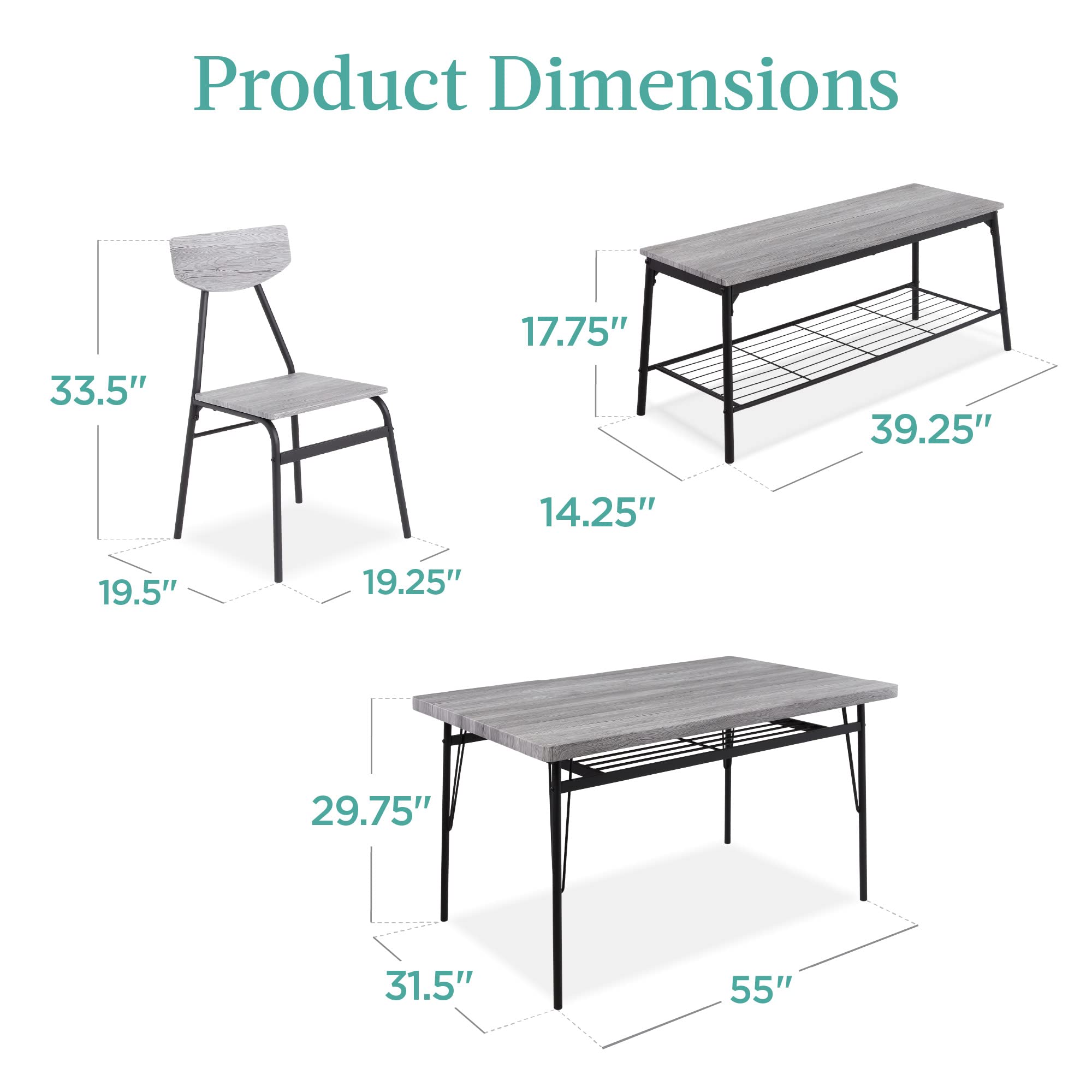 Best Choice Products 6-Piece 55in Modern Dining Set for Home, Kitchen, Dining Room w/Storage Racks, Rectangular Table, Bench, 4 Chairs, Steel Frame - Gray