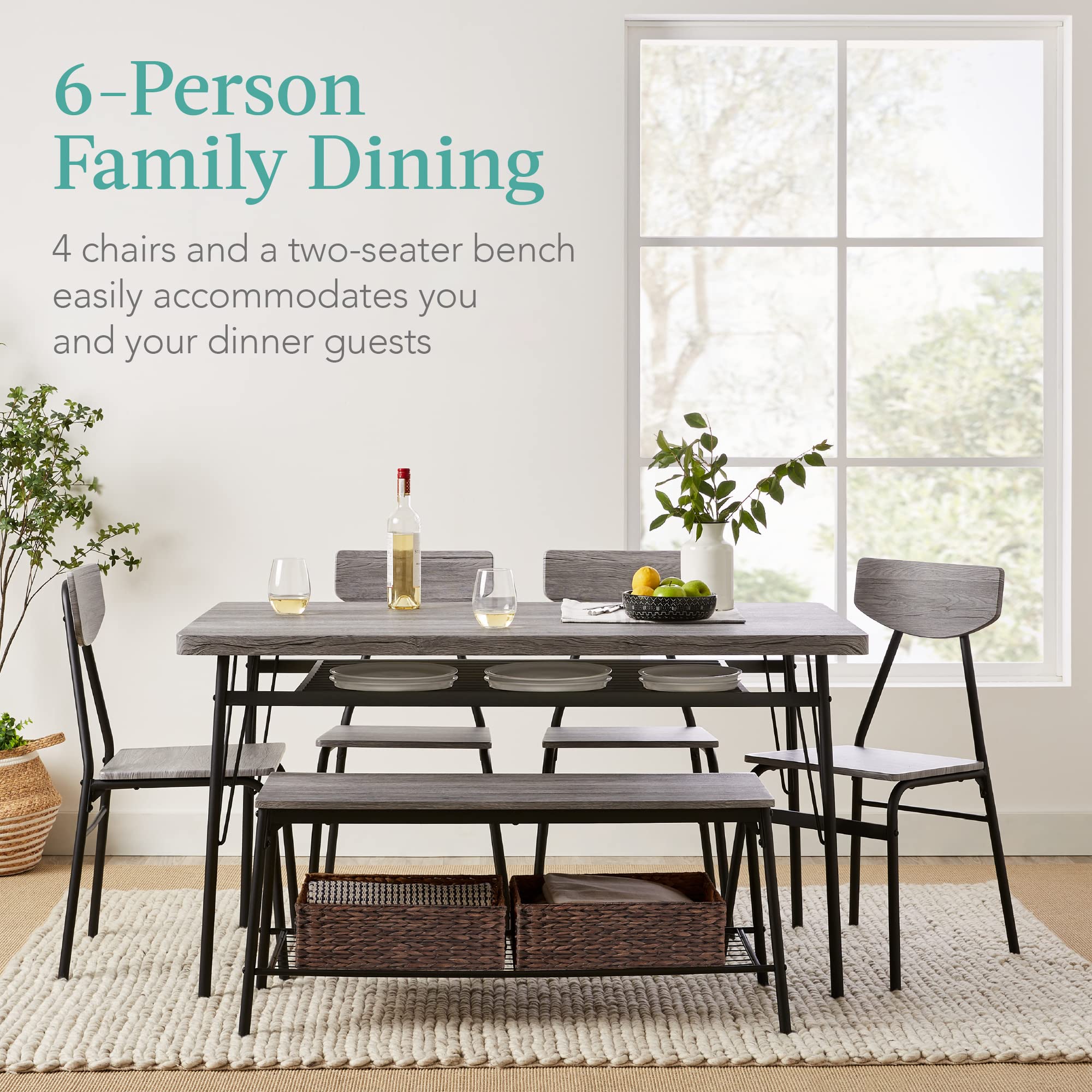 Best Choice Products 6-Piece 55in Modern Dining Set for Home, Kitchen, Dining Room w/Storage Racks, Rectangular Table, Bench, 4 Chairs, Steel Frame - Gray