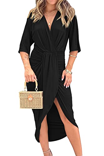 PRETTYGARDEN Women's 2023 Summer Ruched Bodycon Dress Short Sleeve Twist Front V Neck Split Wrap Midi Dresses (Black,Large)