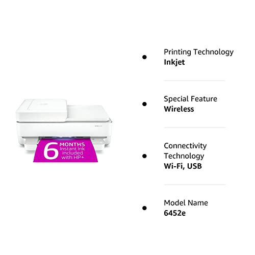 HP Envy 6452e Wireless Inkjet Color All-in-One Printer, Print Copy Scan, 35 Sheet ADF, 2-Side Printing, WiFi USB Connectivity, Instant Ink Ready, Home or Office Inkjet Printers, White (Renewed)