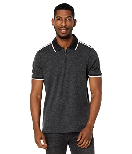 Karl Lagerfeld Paris Men's Polo Half Zip with Logo Tape Cotton Blend, Black, Large