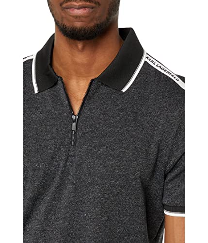 Karl Lagerfeld Paris Men's Polo Half Zip with Logo Tape Cotton Blend, Black, Large