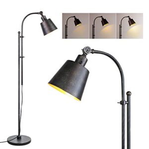 industrial floor lamp, black standing lamp rustic farmhouse reading lamp with on/off switch, vintage task lamp with metal shade for living room reading bedroom office, etl (black01-3s)