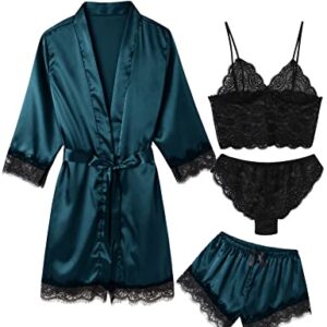 ESKTJH Women Robe and Pajama Set Satin Silk Cami Shorts Sexy Lace Lingerie Soft Lightweight Nightwear Dark Green